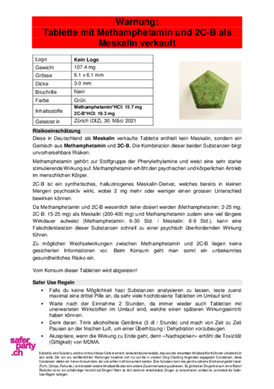 DrugsData.org (was EcstasyData): Test Details : Result #10101 - Green ...